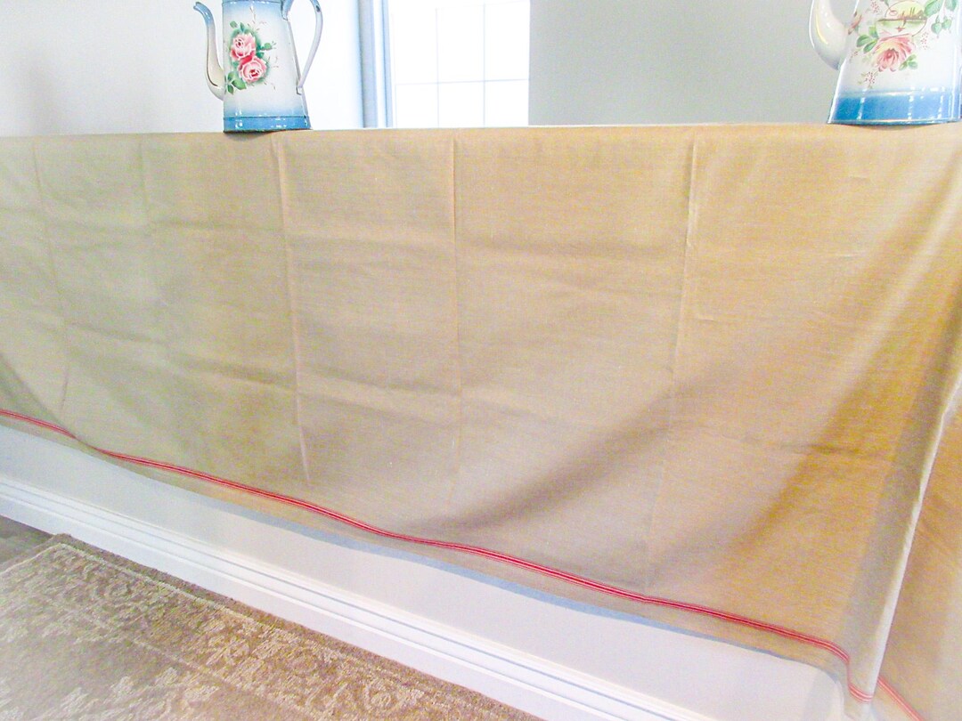 Yardage, French Linen, Red Stripe Border, Fabric, Antique, Supple, Tan ...
