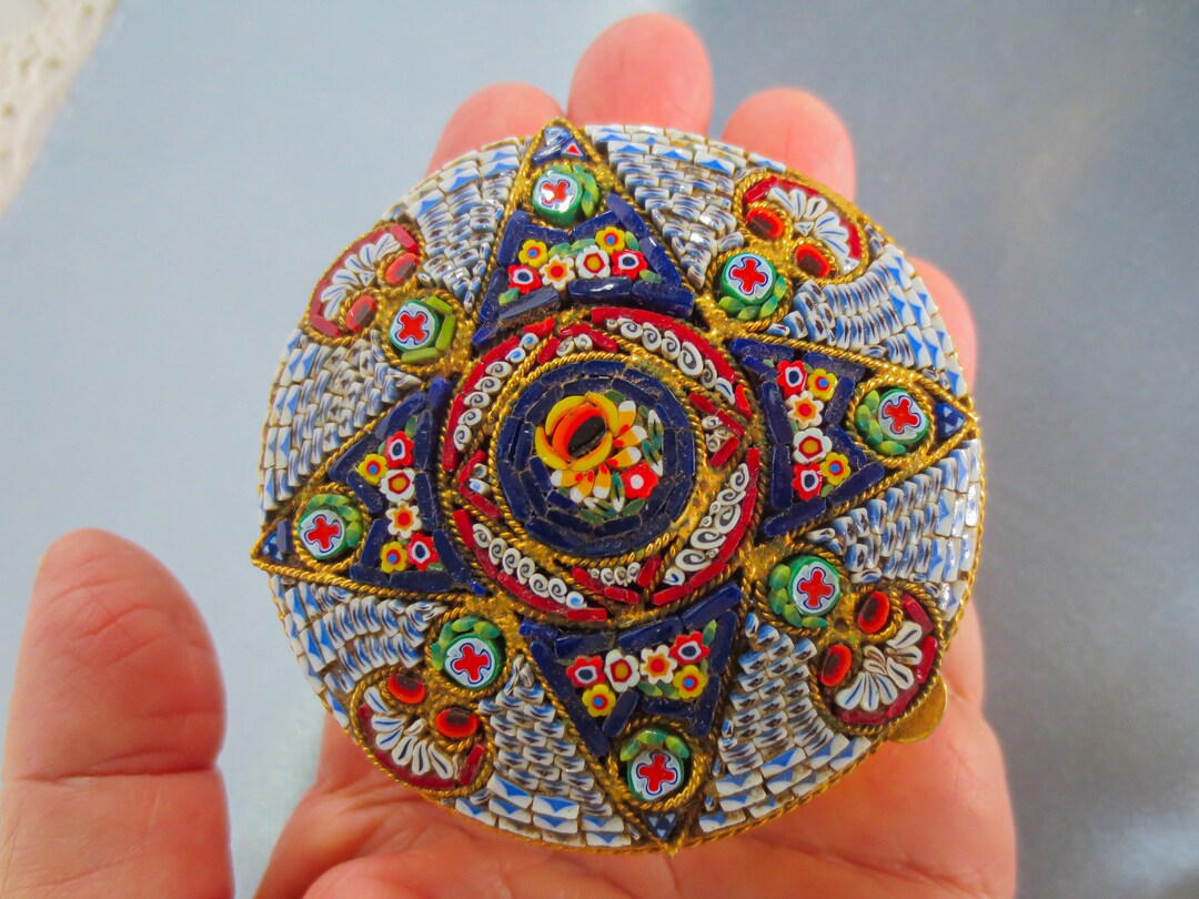 Antique Micro Mosaic Box, Round Powder Box, Brass With Micro Mosaic Top ...