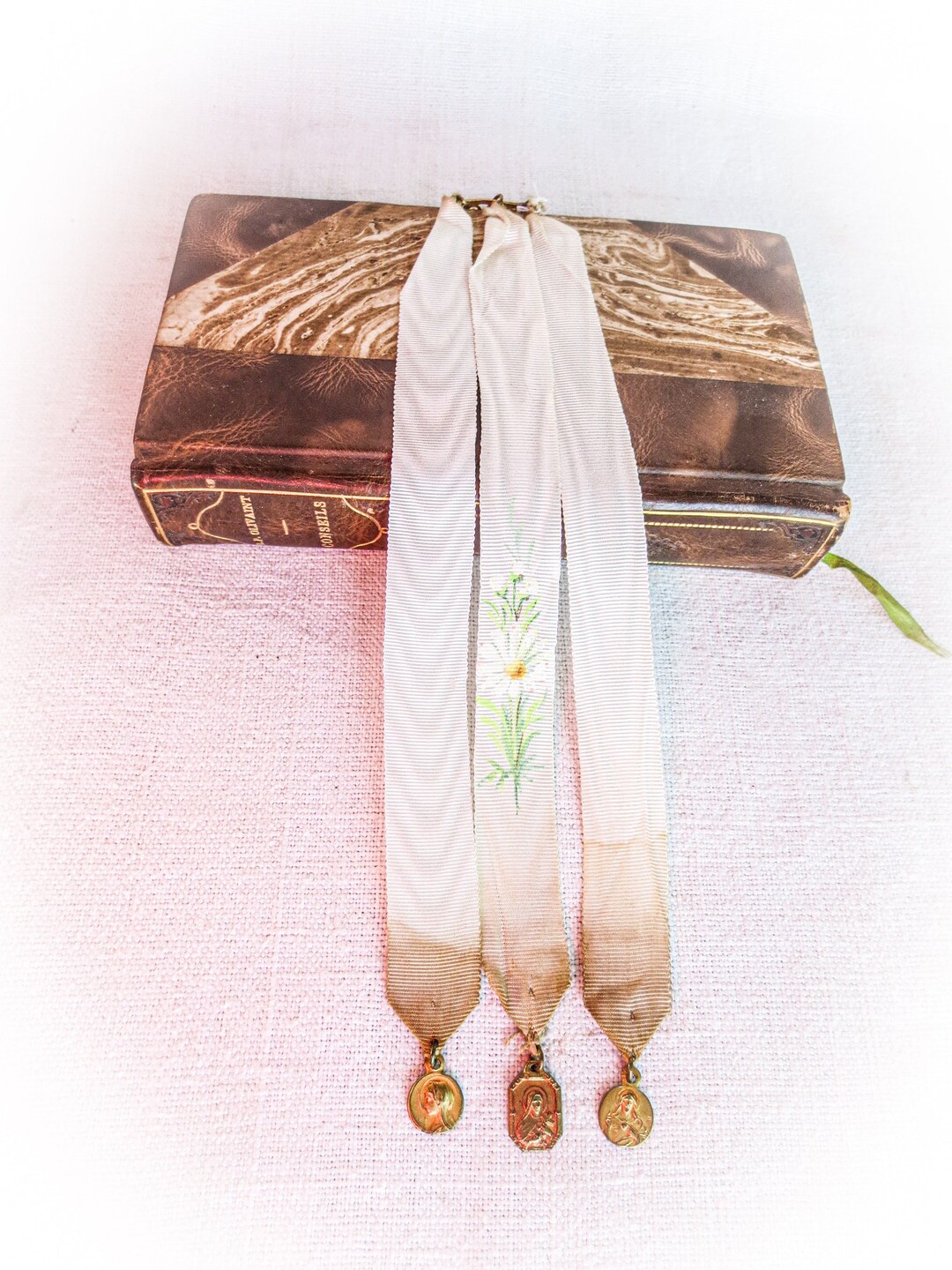 French Antique Satin Ribbon Bookmark With Medals Triple Ribbon Bookmark ...