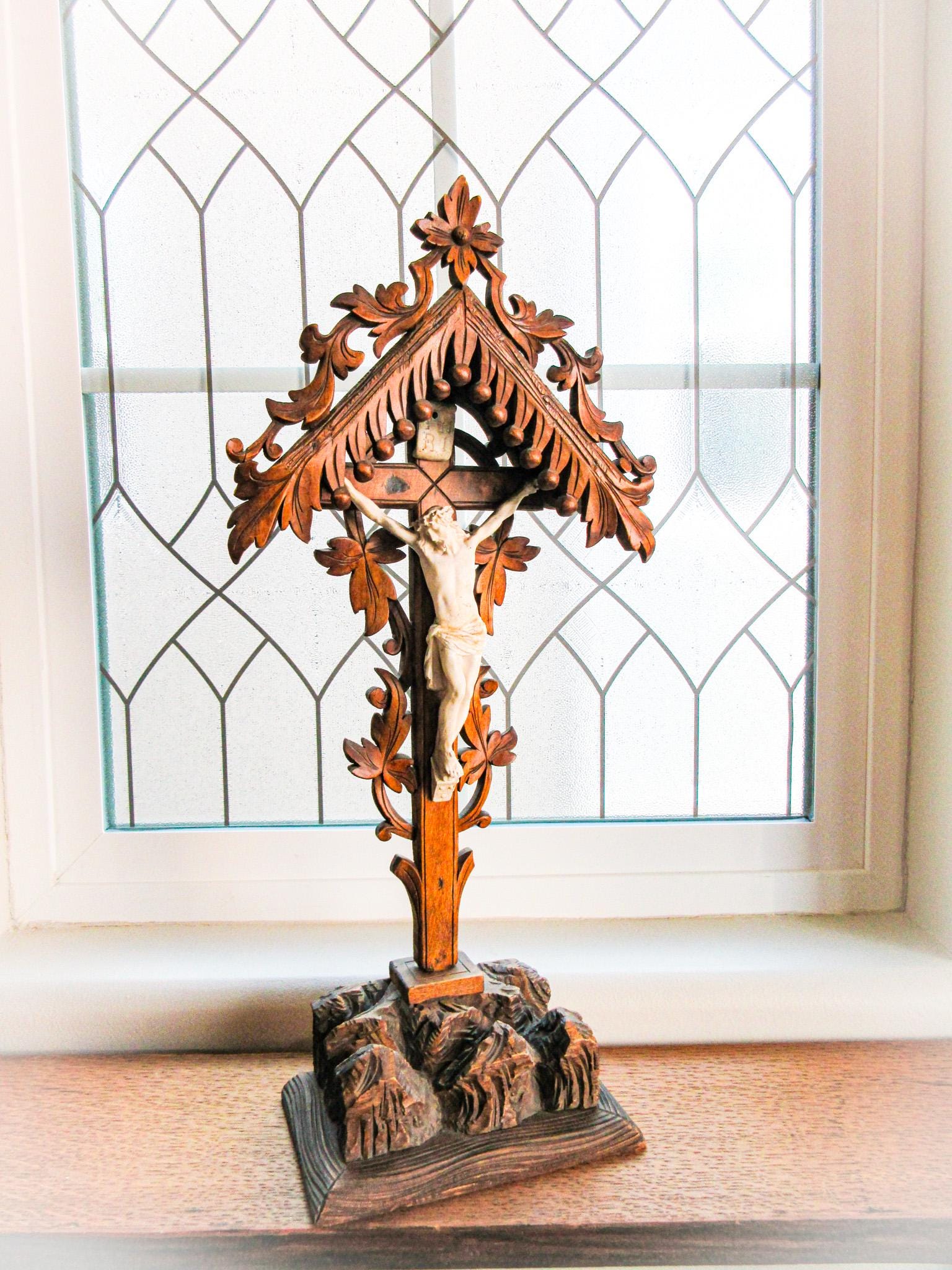 French Antique Wood Carved Cross: Gable Roof Jesus Crucifix - Etsy