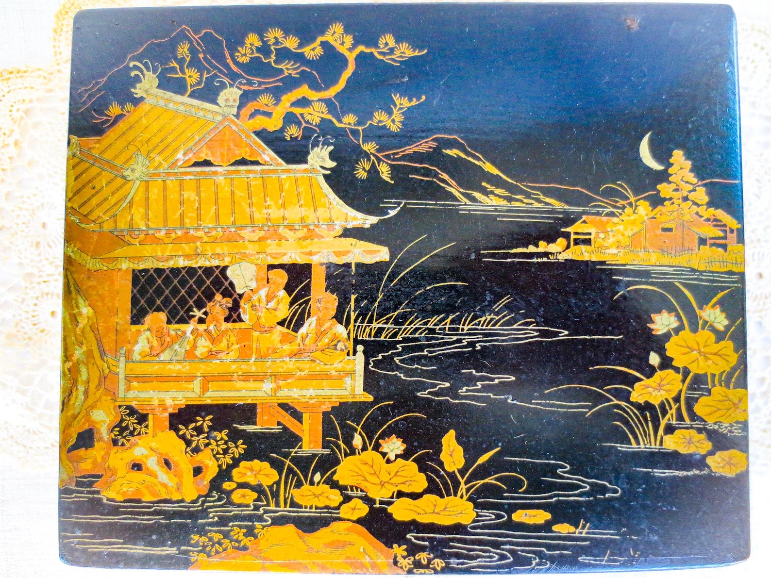 French Antique Black Lacquer Ware Jewelry Box- Asian Motif, Papier ...