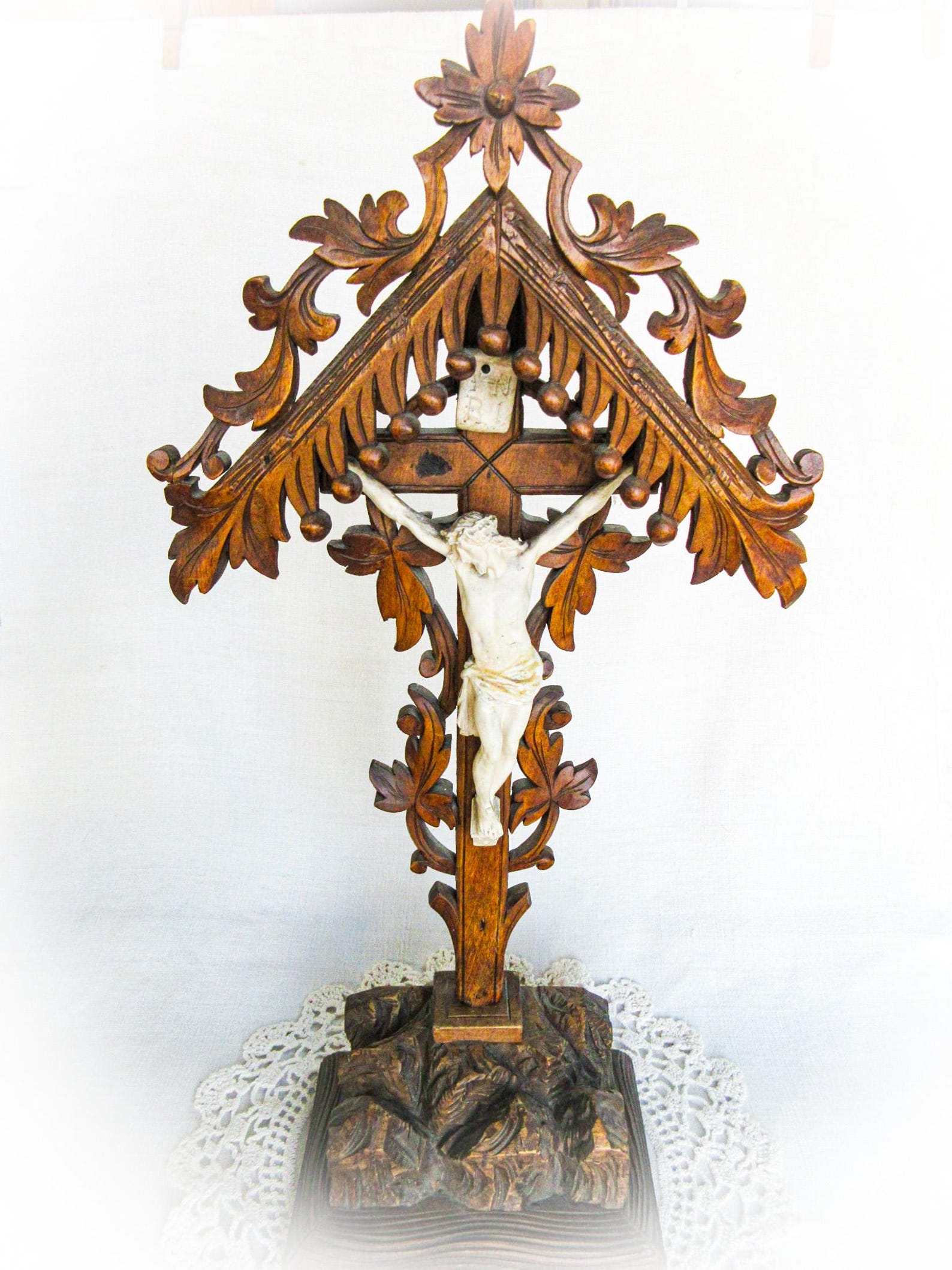 French Antique Wood Carved Cross: Gable Roof Jesus Crucifix - Etsy