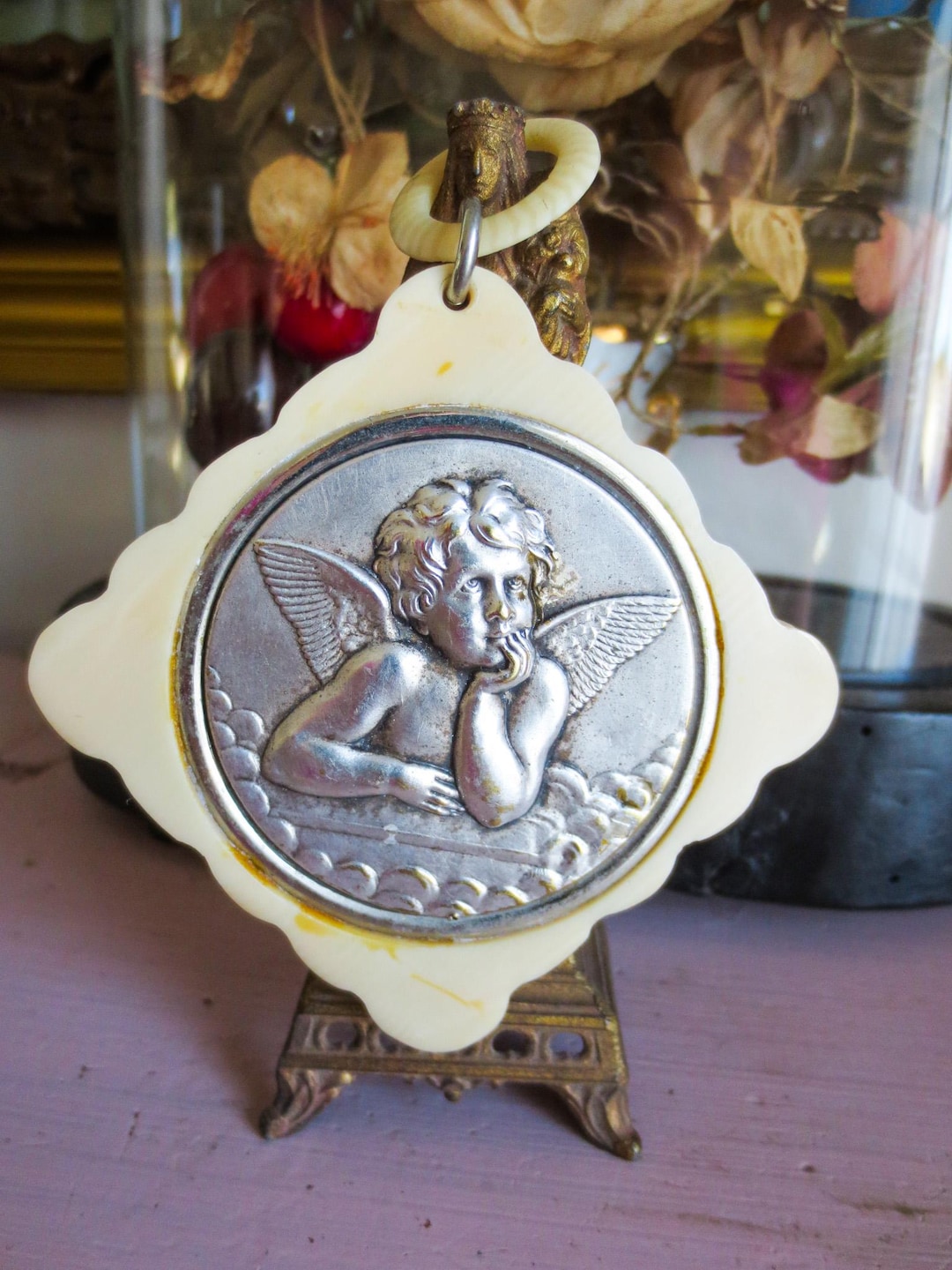 French Antique Virgin Mary Crib Medallion - Crib Protector, Saints ...