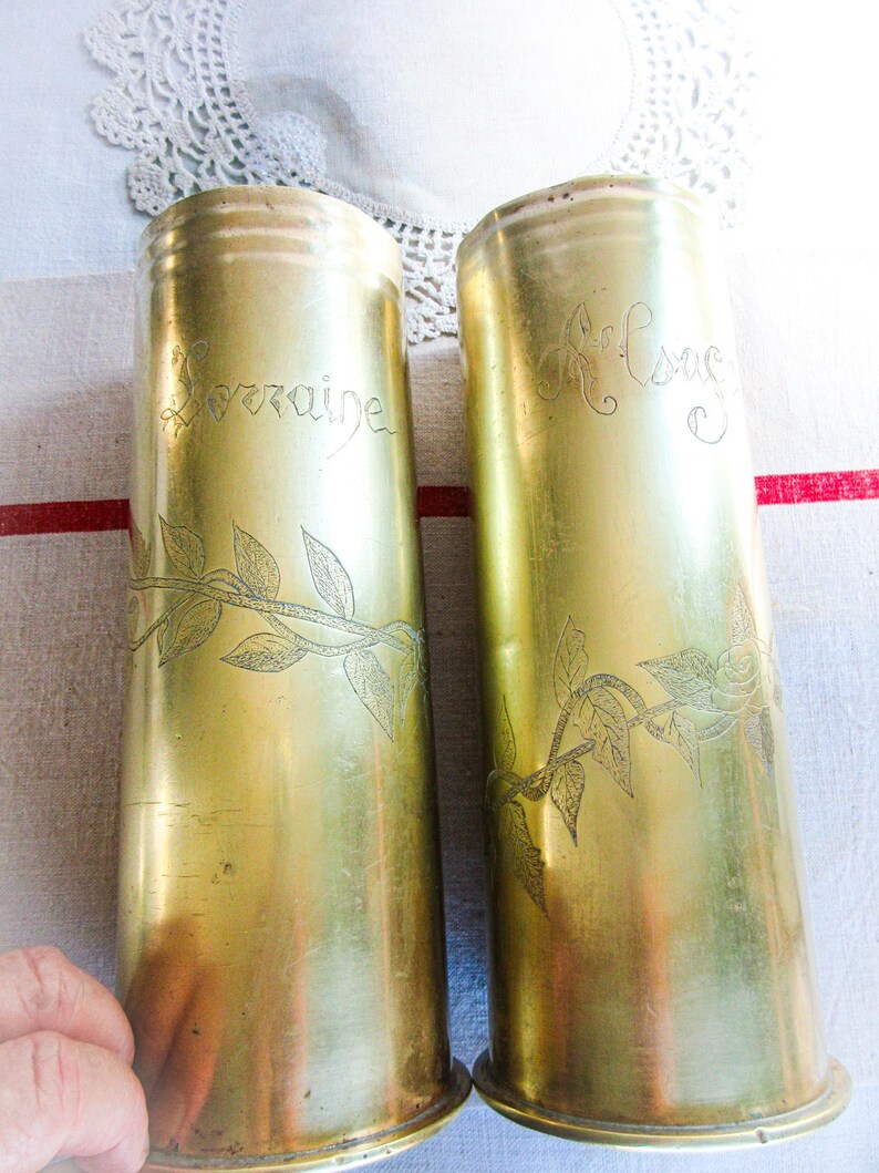 Pair WWI Trench Art Vases: Carved Shell Casings, Alsace & Lorraine ...