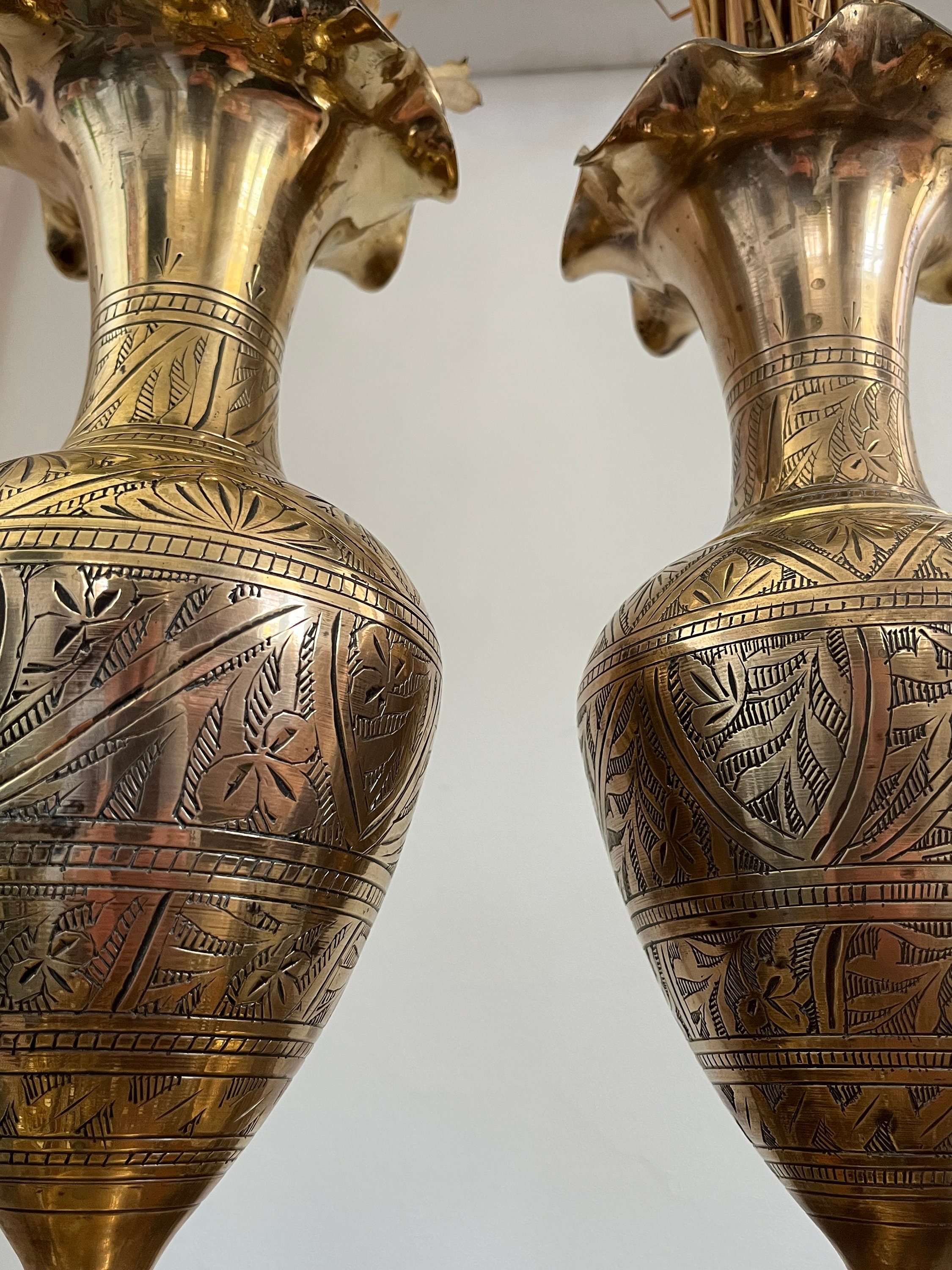 2 Twin Antique Brass Vases Vintage Hand Etched Brass Vase India - Etsy