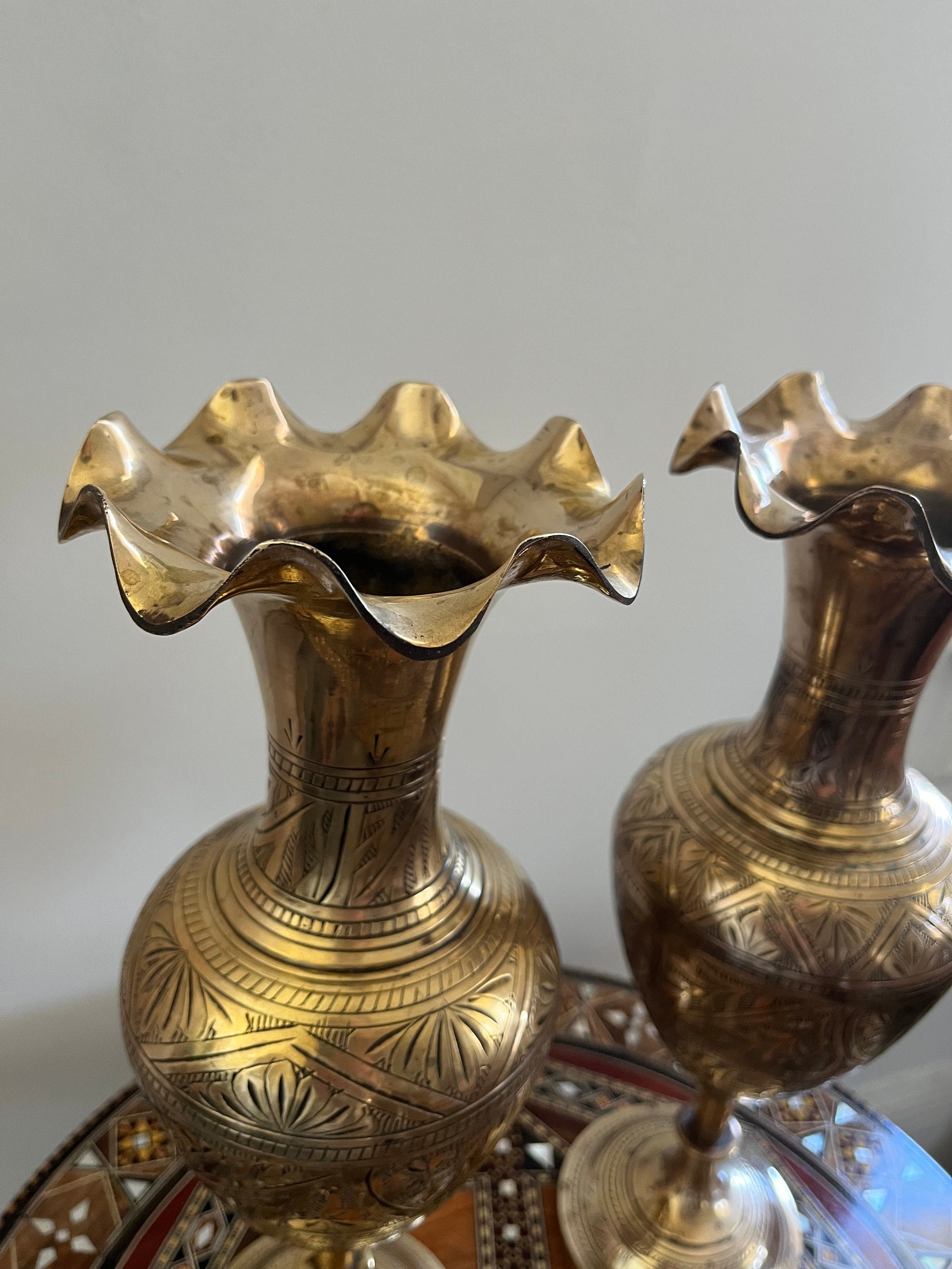 2 Twin Antique Brass Vases Vintage Hand Etched Brass Vase India - Etsy