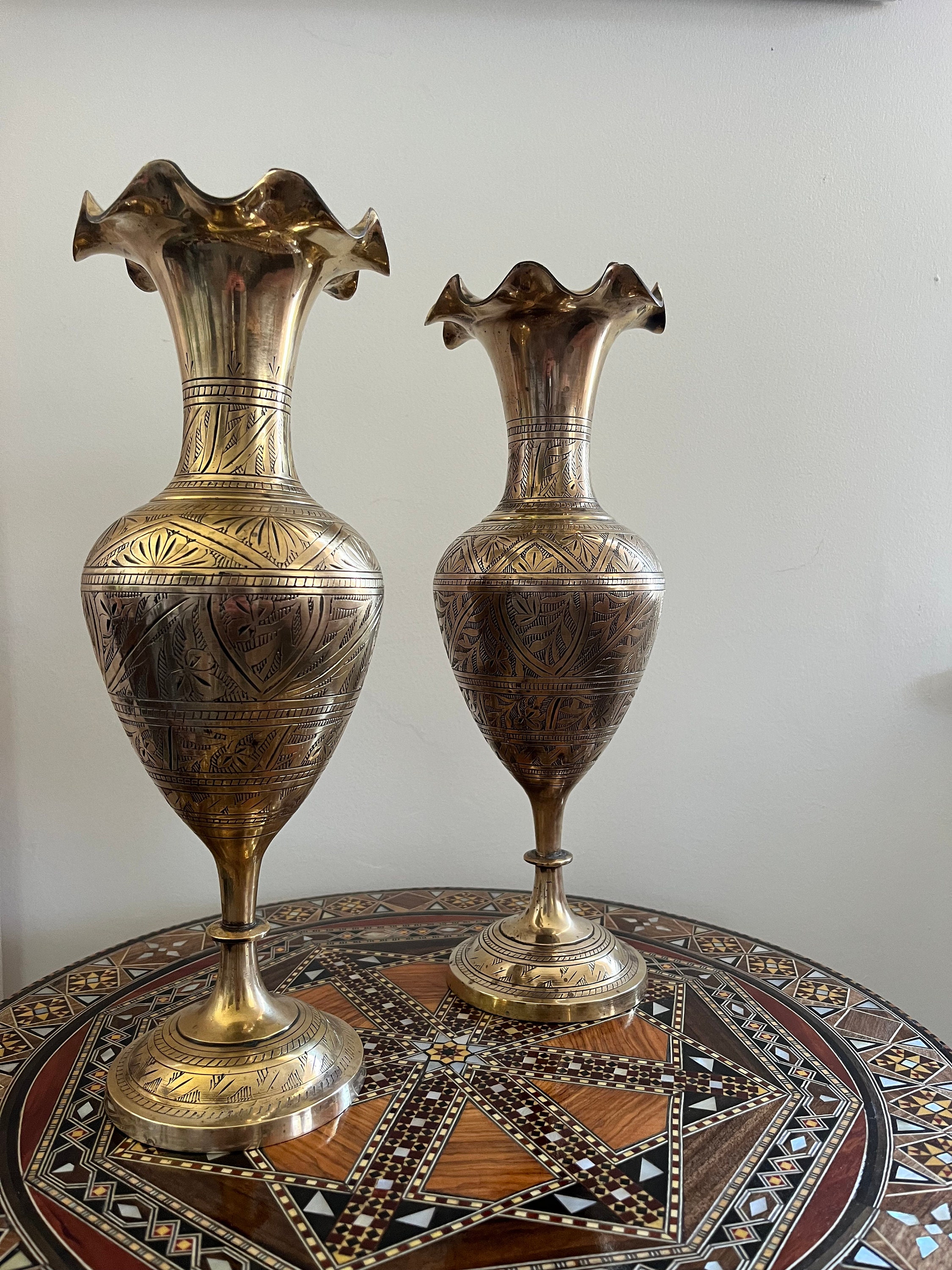 2 Twin Antique Brass Vases Vintage Hand Etched Brass Vase India - Etsy