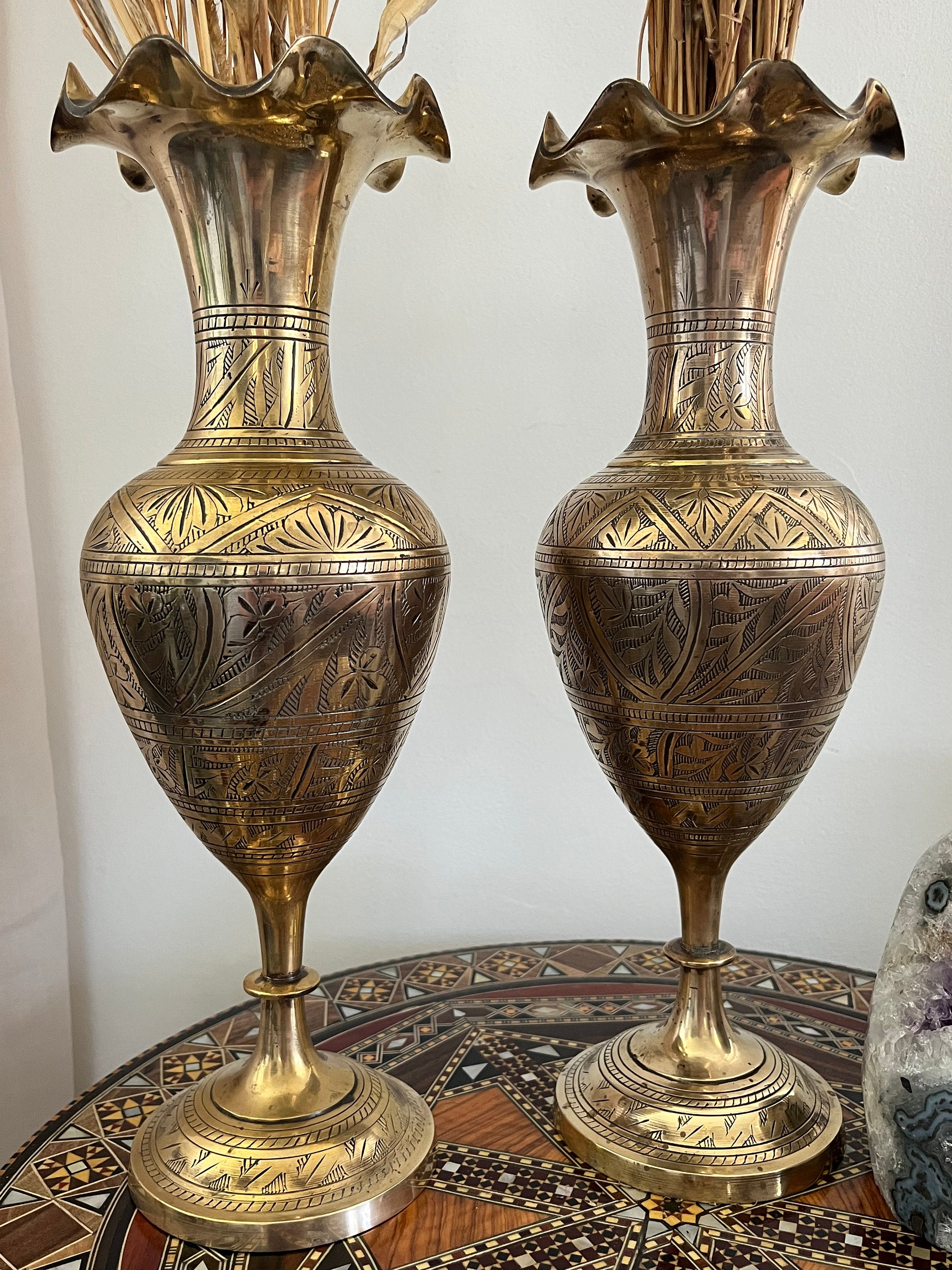 2 Twin Antique Brass Vases Vintage Hand Etched Brass Vase India - Etsy