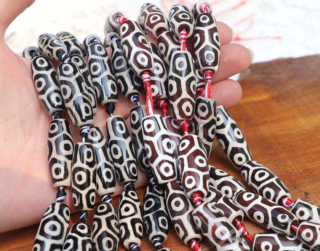 15" 30mm LARGE Tibetan Agate Crackle Long Rice Tube Barrel Beads ...
