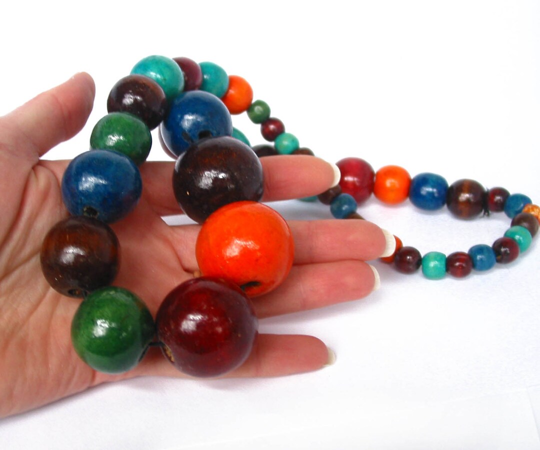 22" UGANDA African Painted Graduated Colorful Wood Round Beads Plant ...