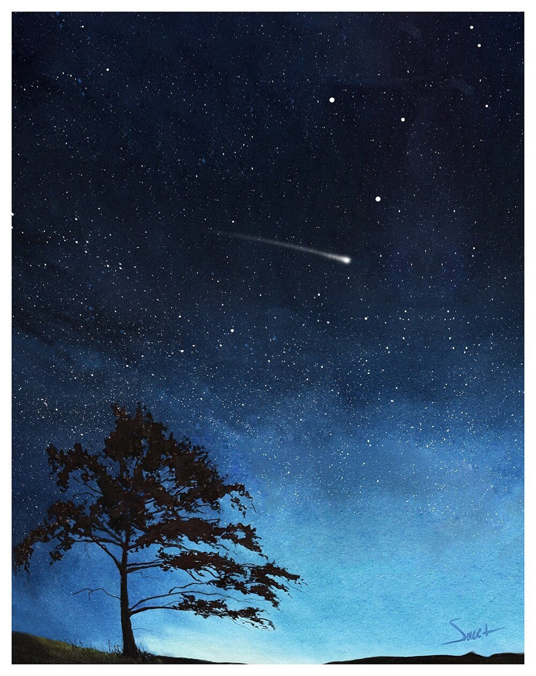 Shooting Star Nightscape Painting Starry Night Art Print With - Etsy