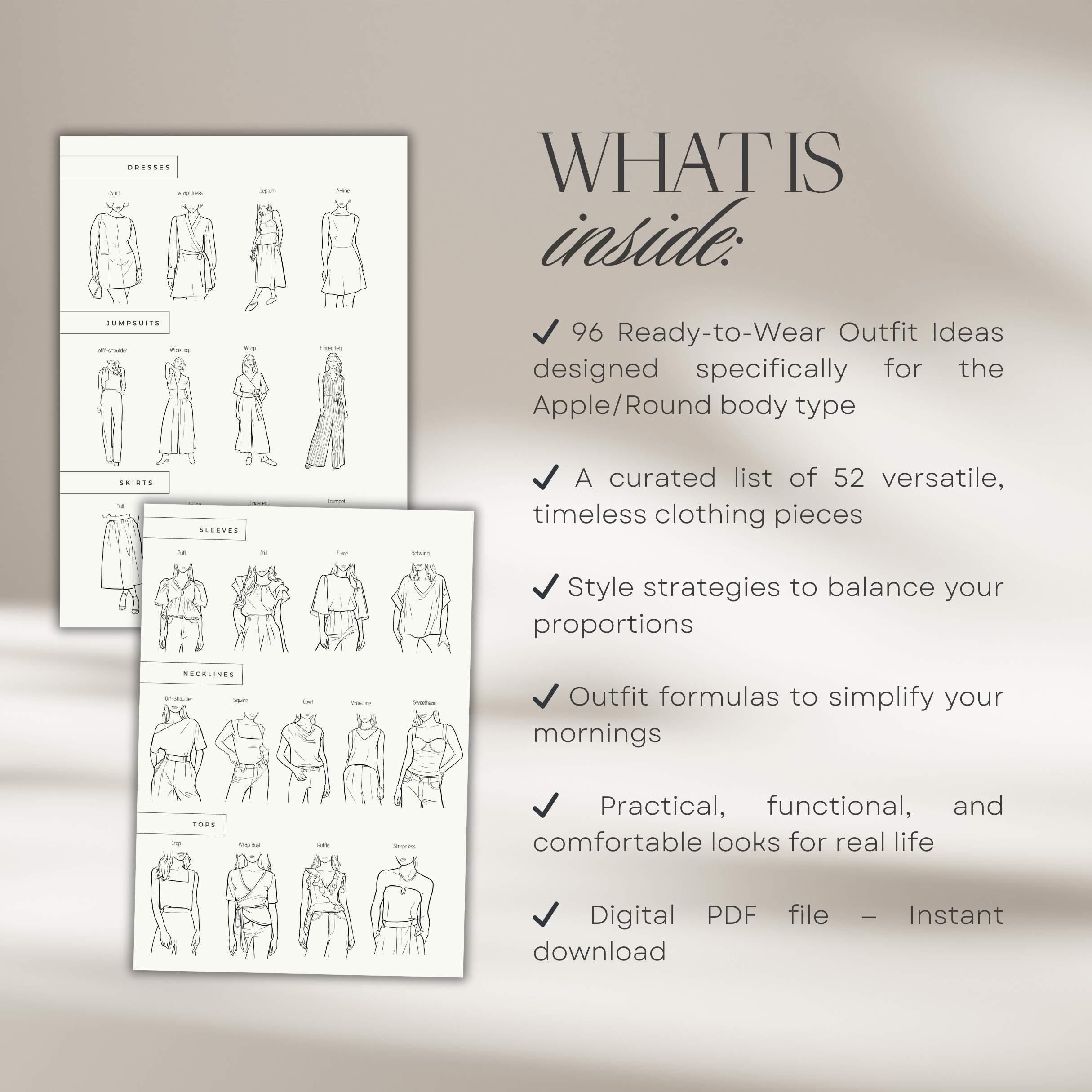 Capsule Wardrobe for Apple Shape Looks – 96 Outfit Guide for Round Body ...