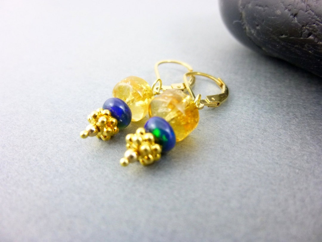Boucles d'oreilles citrine et opale d'Éthiopie : pendants avec pierres ...