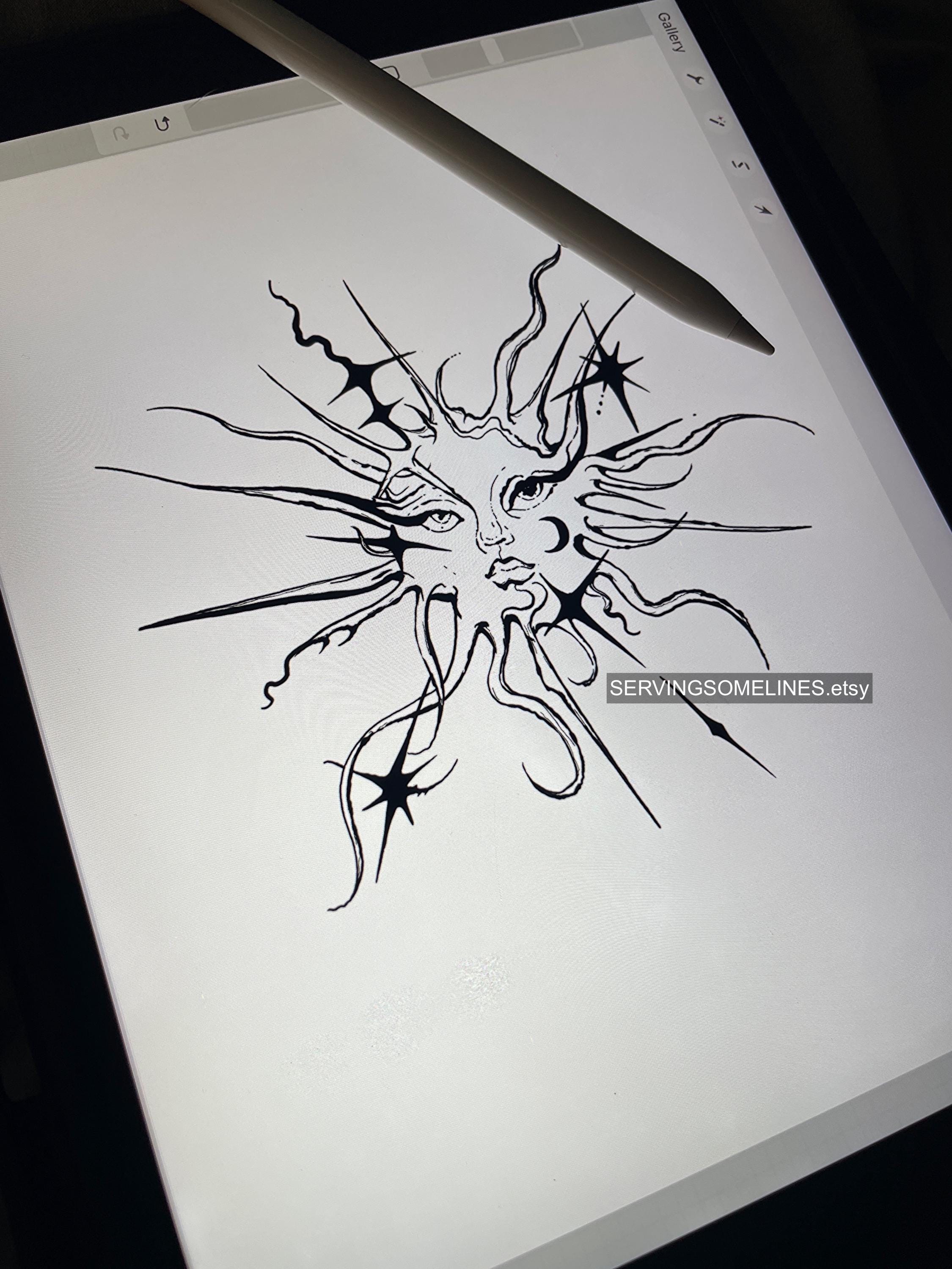 Cybersigilism Sun Tattoo Stencil – Abstract Edgy Celestial Flash ...