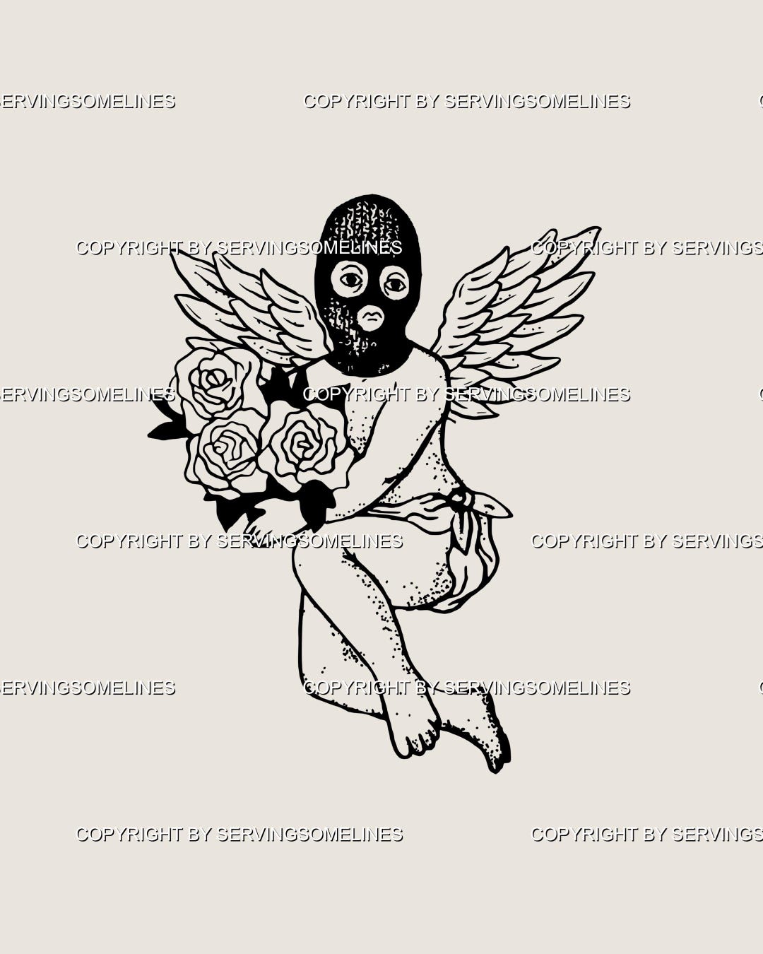 Masked Cherub Tattoo Stencil – Ski Mask Angel Holding Roses, Thug Cupid ...