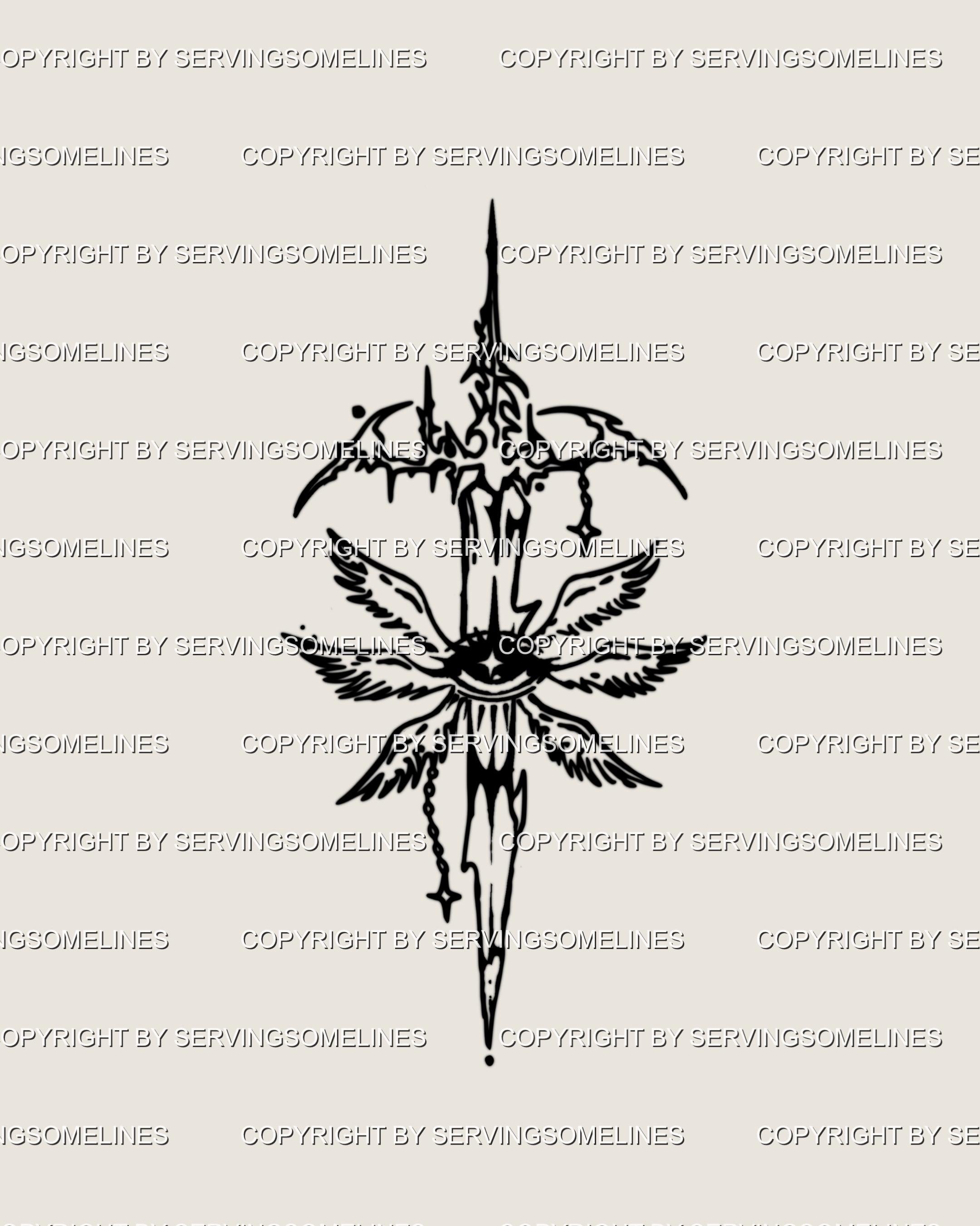 Cybersigilism Angel Sword Tattoo Stencil, Seraphim Eye Design, Fineline ...
