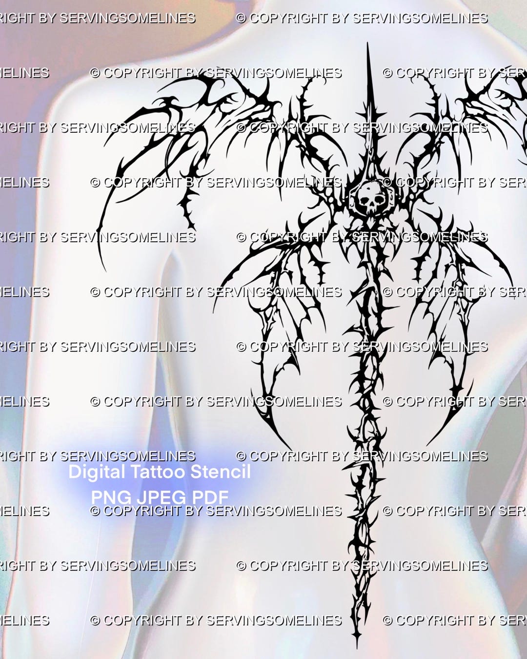 Cybersigilism Wings Back Tattoo Stencil, Neotribal Spine Tattoo Design ...