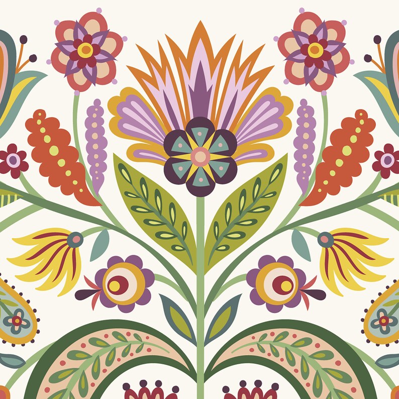 Folk Art Rooster Print Folky Style Flower Gift With Hearts Floral ...