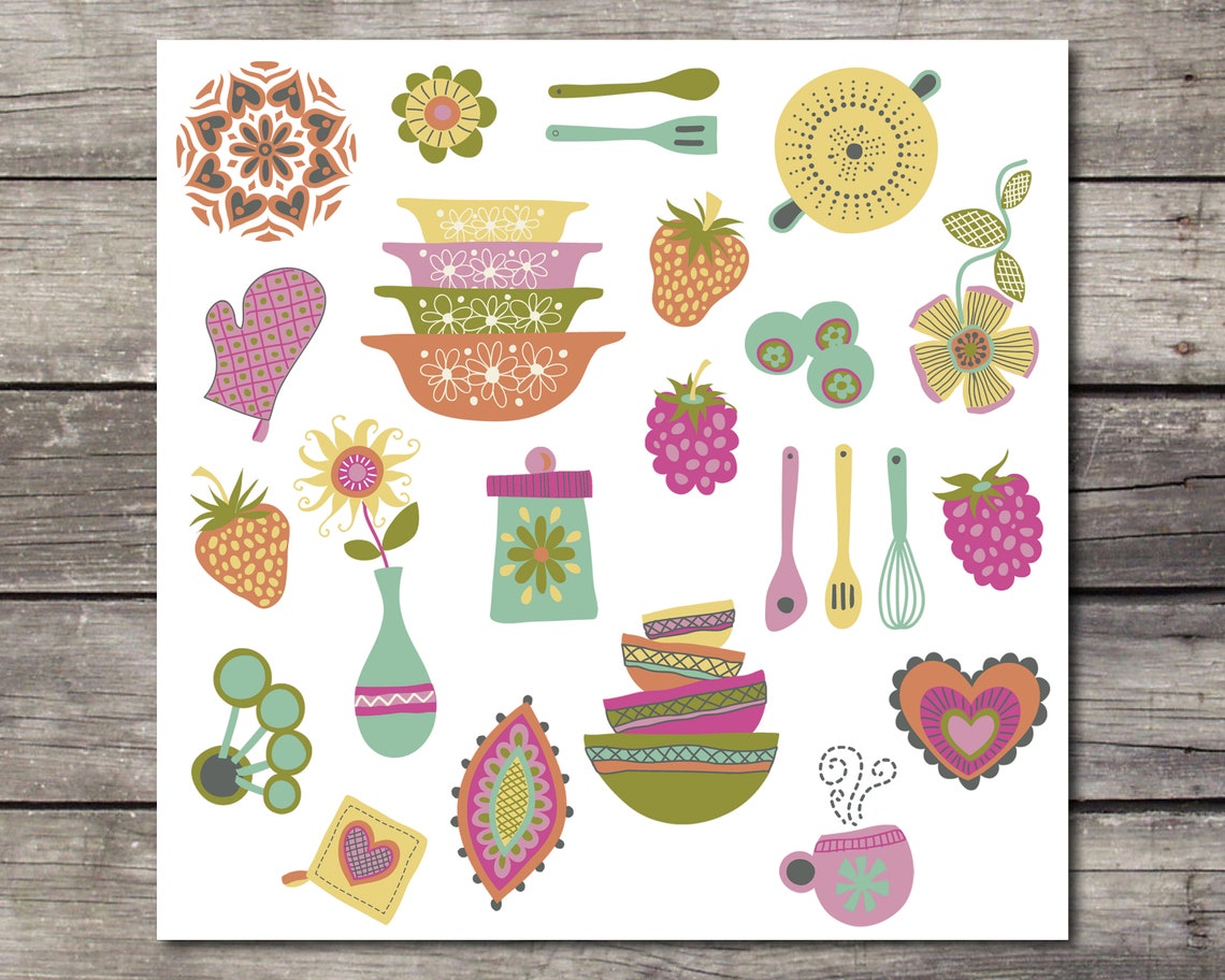 Groovy Kitchen Theme Stickers. Retro Folk Style Sheet. Kiss | Etsy