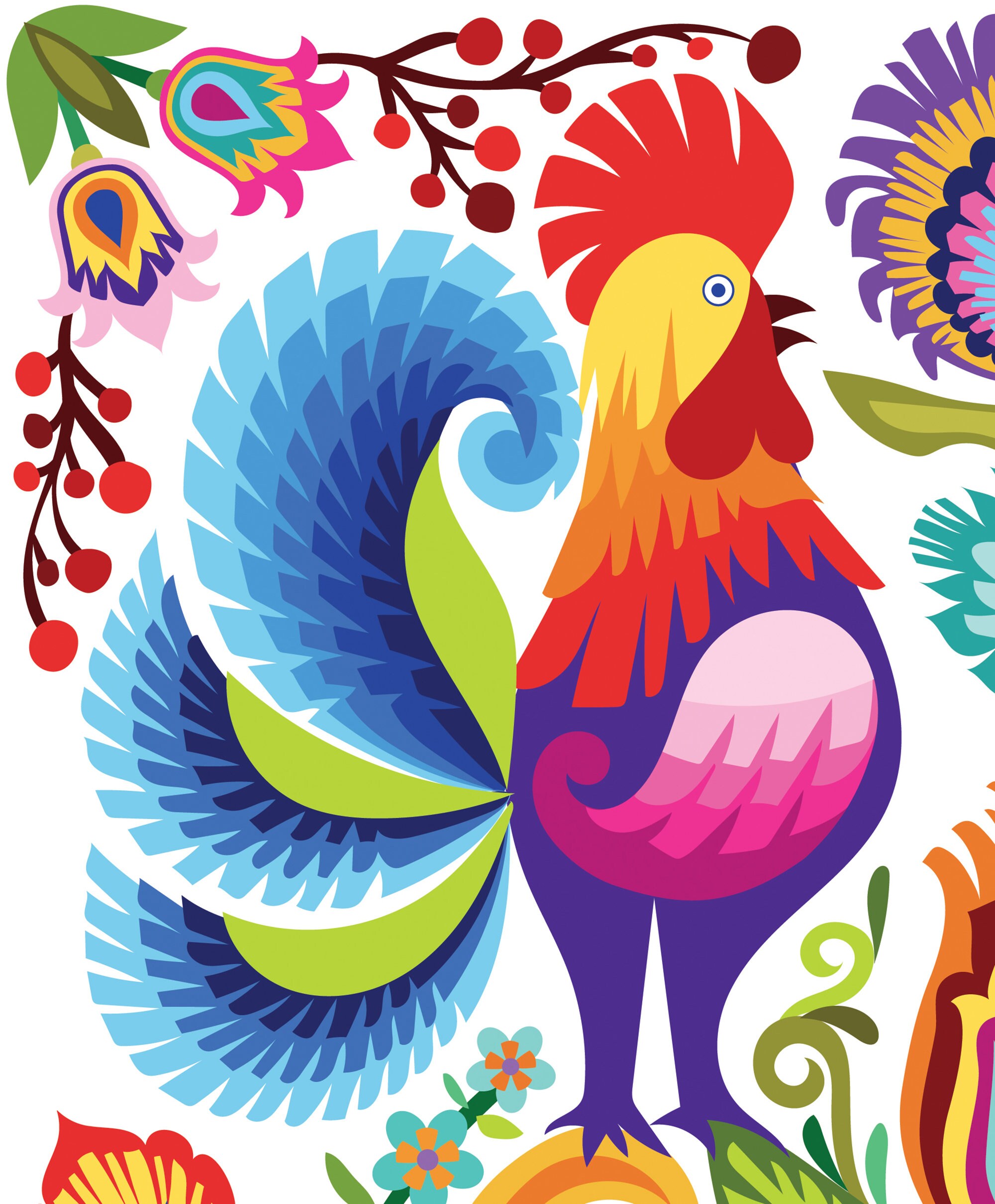 Polish Folk Art Rooster Print. Colorful Wycinanki Style Floral Art. 8x8 ...