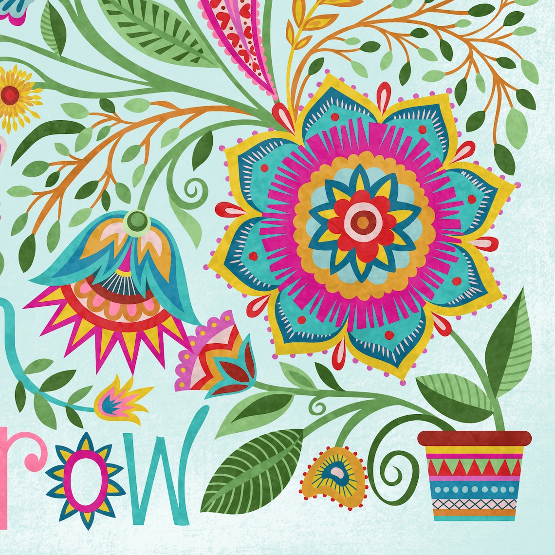 Botanical Garden Folk Style "bloom and Grow" Inspirational Floral Art ...
