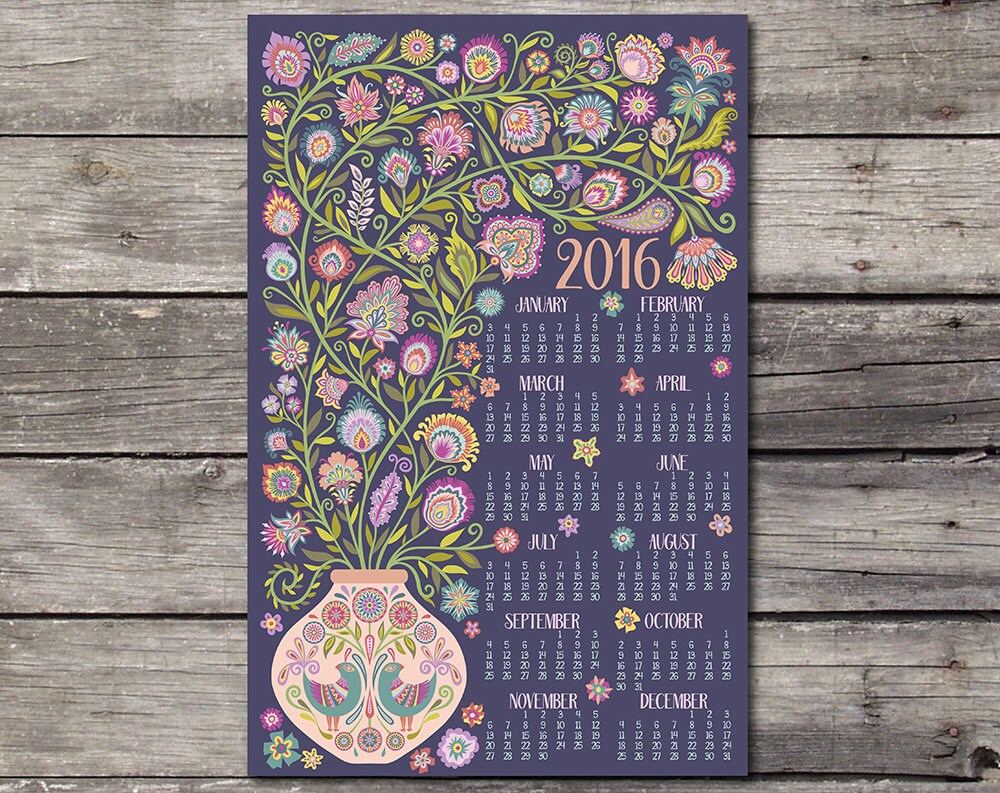 2016 Tea Towel Calendar Floral Polish Wycinanki Style Botanical Folk ...