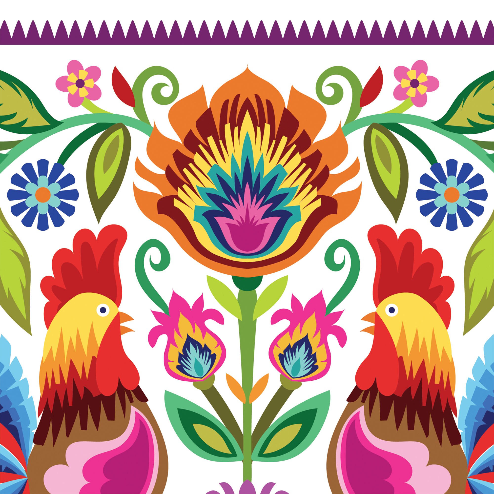 Polish Folk Art Rooster Chicken Print. Colorful Wycinanki Style Floral ...