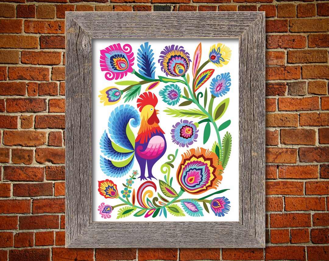 Polish Mister Rooster Folk Art Print. Wycinanki Flowers Black or White ...