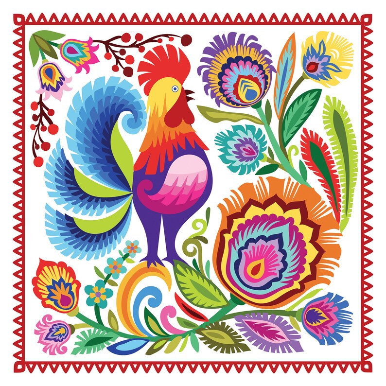 Polish Folk Art Rooster Print. Colorful Wycinanki Style Floral Art. 8x8 ...