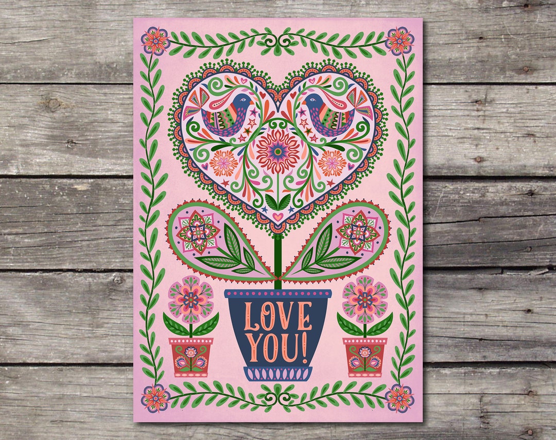 Topiary Floral Blank Note Card Love You With Doves and Pretty Flowers ...