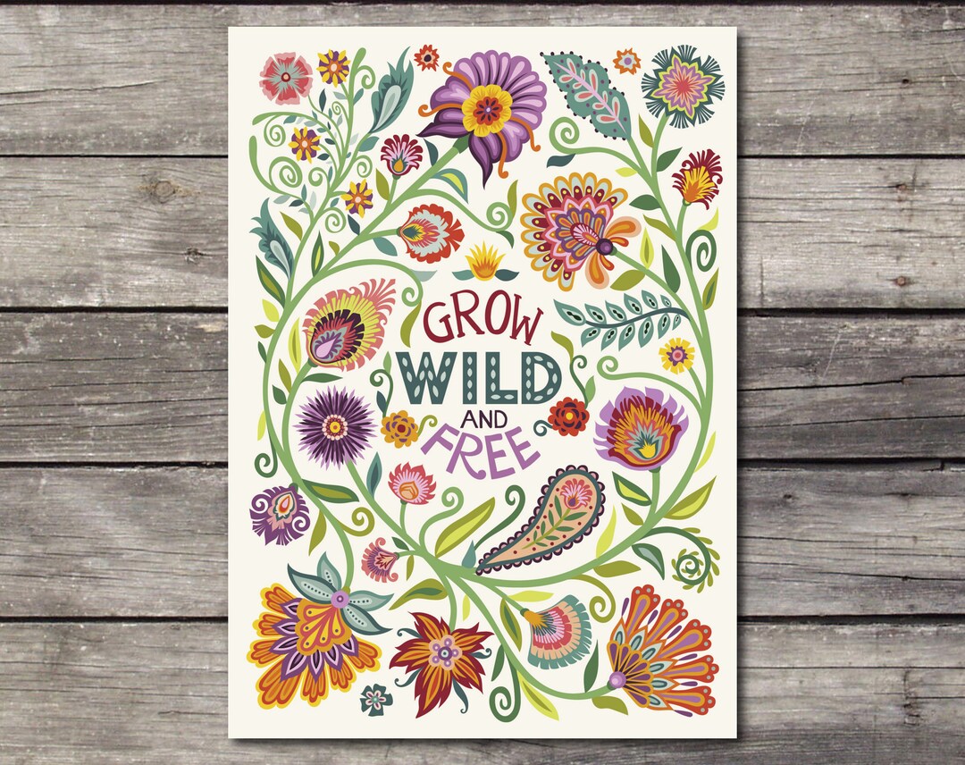 Grow Wild and Free Greeting Card Quote Floral Folk Art Botanical Blank ...