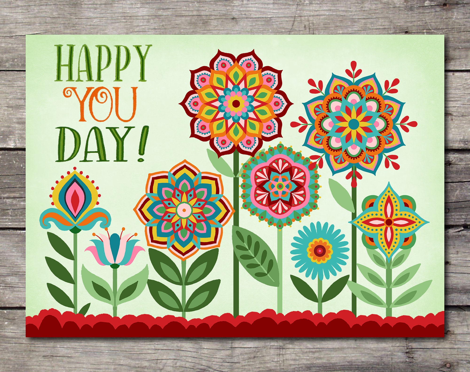 Flowery Happy YOU Day Greeting Card Happy Mandala and Floral | Etsy