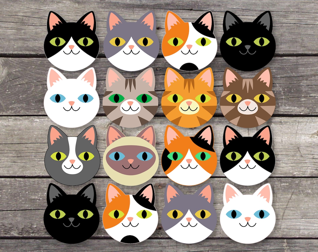 Cute Cat Face Stickers. Happy Kitties. Cute Colorful Cat Head Stickers ...