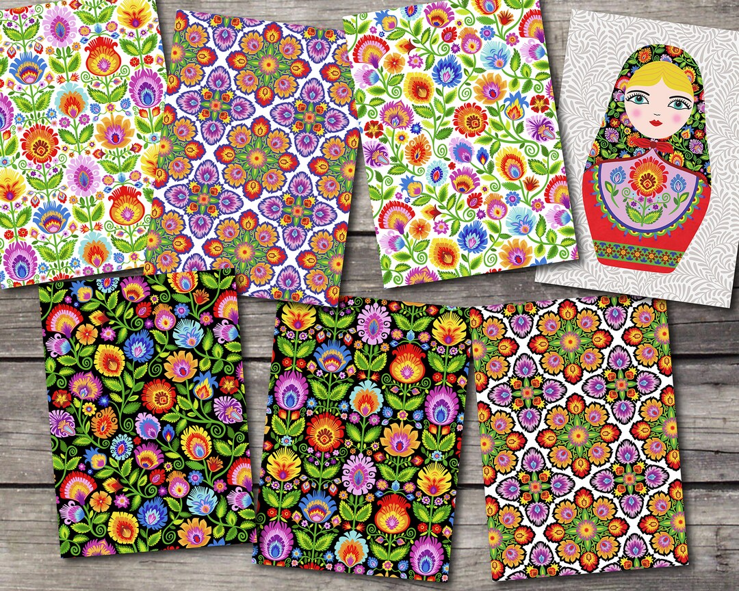 Wycinanki and Matryoshka Bright Floral Set of 7 Folk Style Blank Note ...