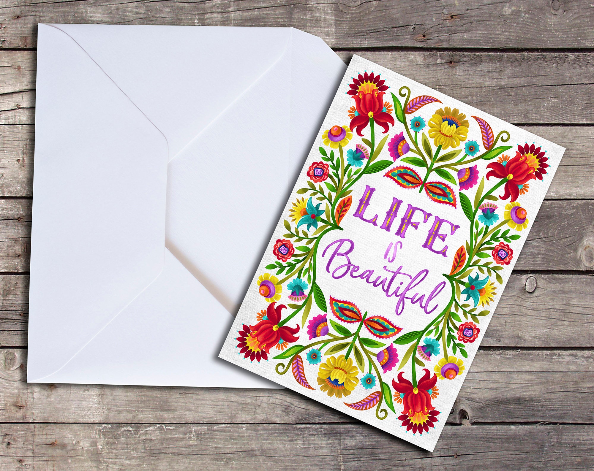 Floral Blank Note Card Life is Beautiful Hand Lettering with | Etsy