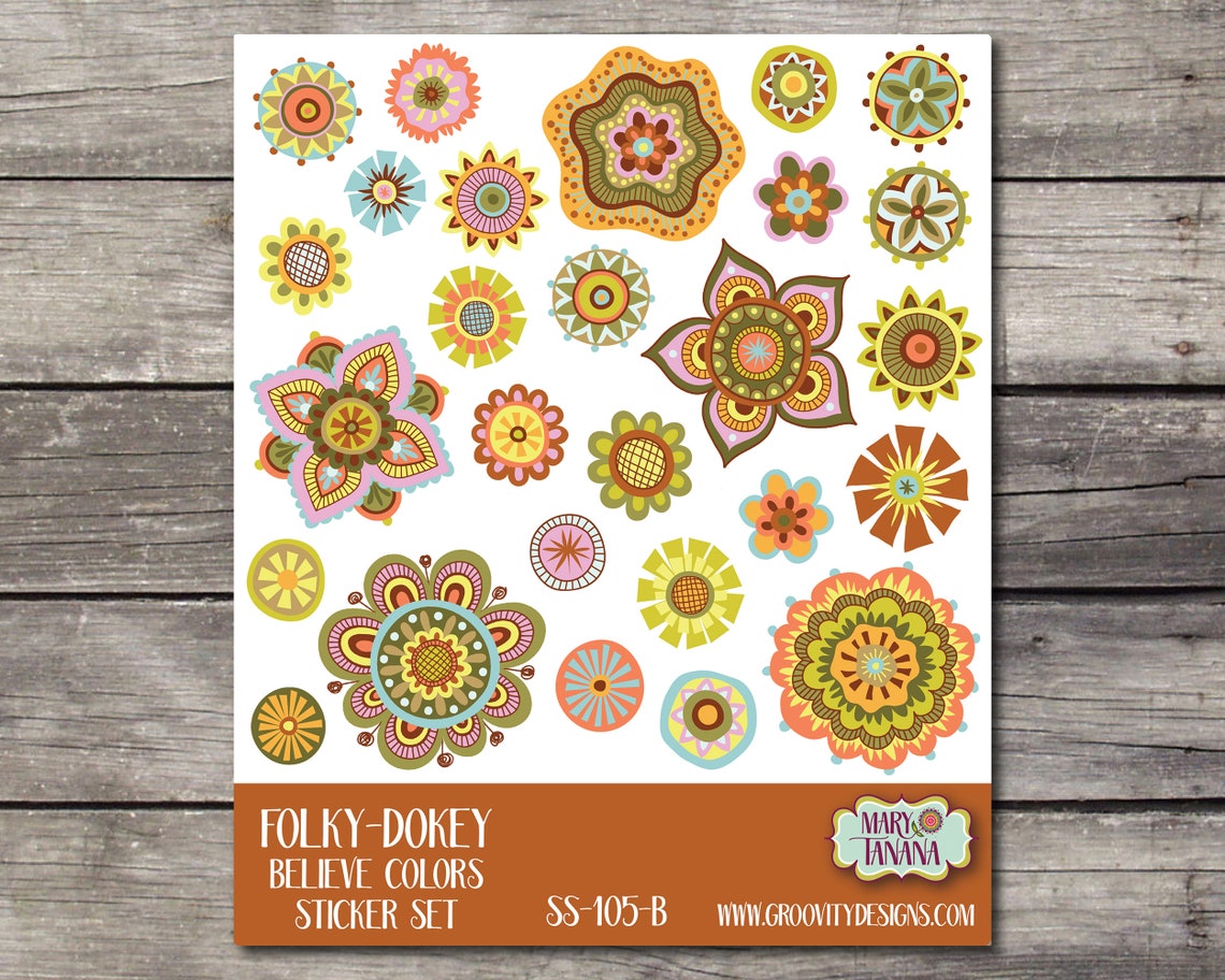 Groovy Folk Flower Stickers Choice of Matte or Gloss Eight Different ...