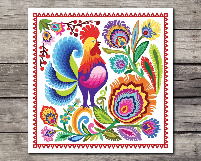 Polish Folk Art Rooster Print. Colorful Wycinanki Style Floral Art. 8x8 ...