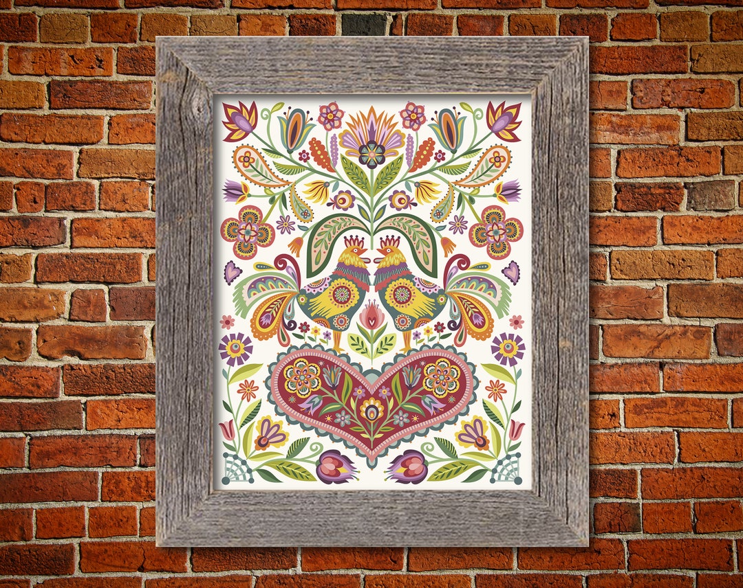 Folk Art Rooster Print Folky Style Flower Gift With Hearts Floral ...
