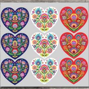 Wycinanki Sticker Paper-cut Style Hearts. Polish Folk Art Sticker Sheet ...