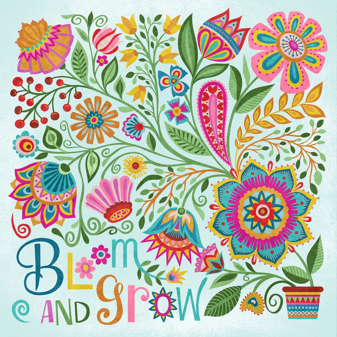 Botanical Garden Folk Style "bloom and Grow" Inspirational Floral Art ...