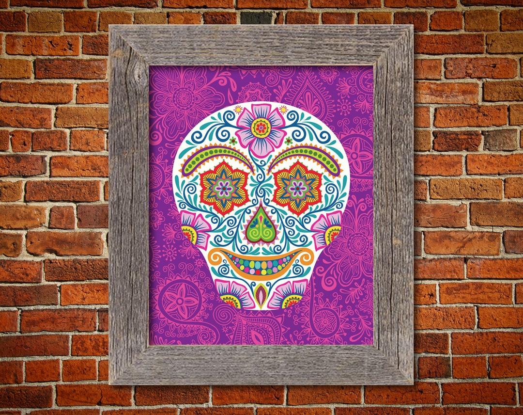 Dia De Los Muertos Sugar Skull Art Print Flower Power Skully on Purple ...