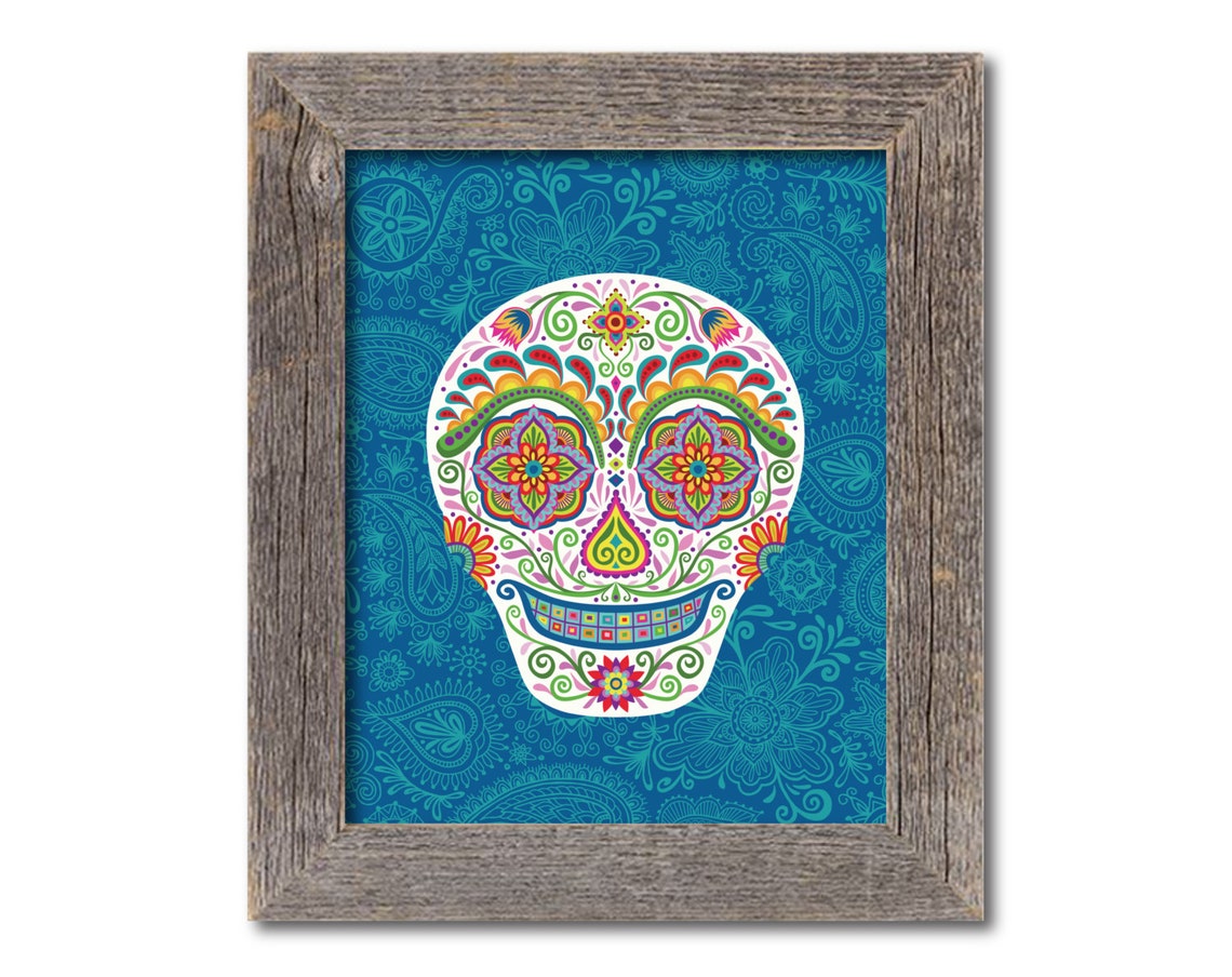 Dia De Los Muertos Sugar Skull Art Print Happy Skully on Blue-day of ...