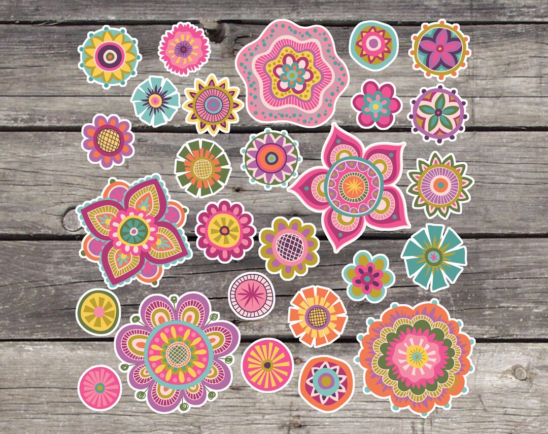 Groovy Folk Flower Stickers Choice of Matte or Gloss Eight Different ...
