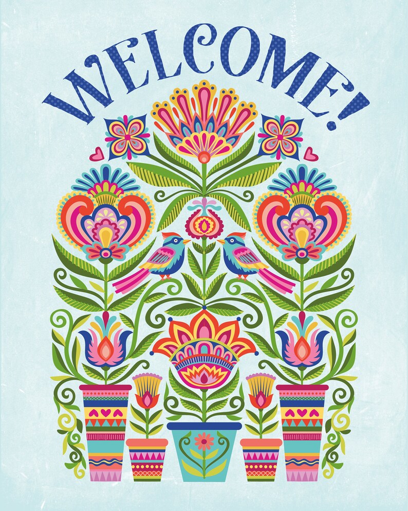 Happy Welcome Floral Art Print. 8x10 11x14 Folk Botanical With - Etsy