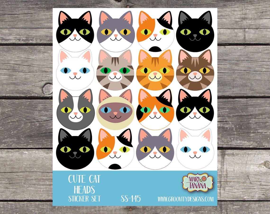 Cute Cat Face Stickers. Happy Kitties. Cute Colorful Cat Head Stickers ...