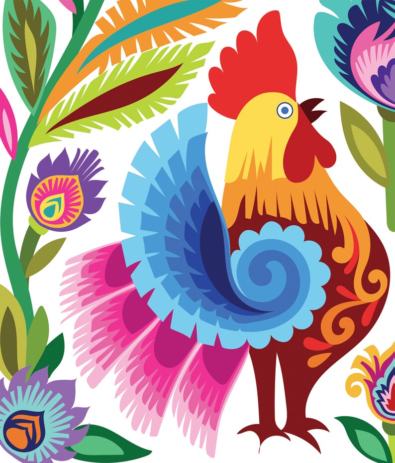 Polish Folk Art Rooster Print. Colorful Wycinanki Style Floral Art ...