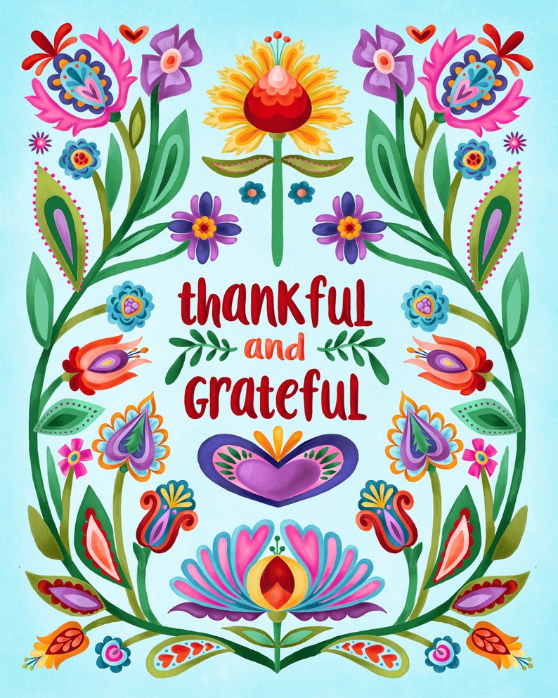 Floral Folk Art Hand Lettered thankful and - Etsy