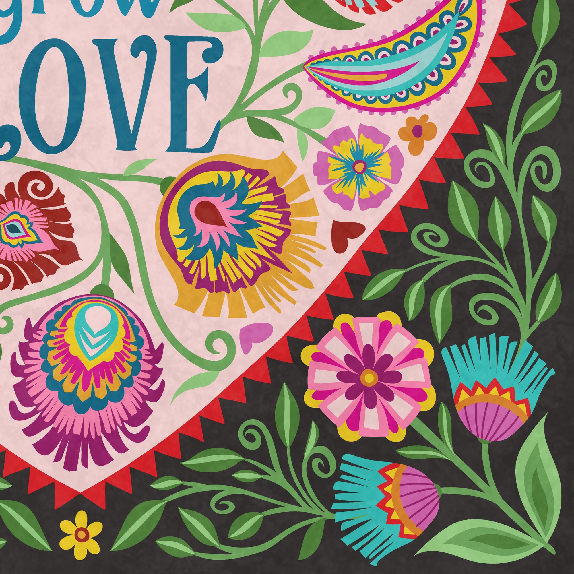 Botanical Heart Folk Style Grow Love Floral Inspirational Art | Etsy