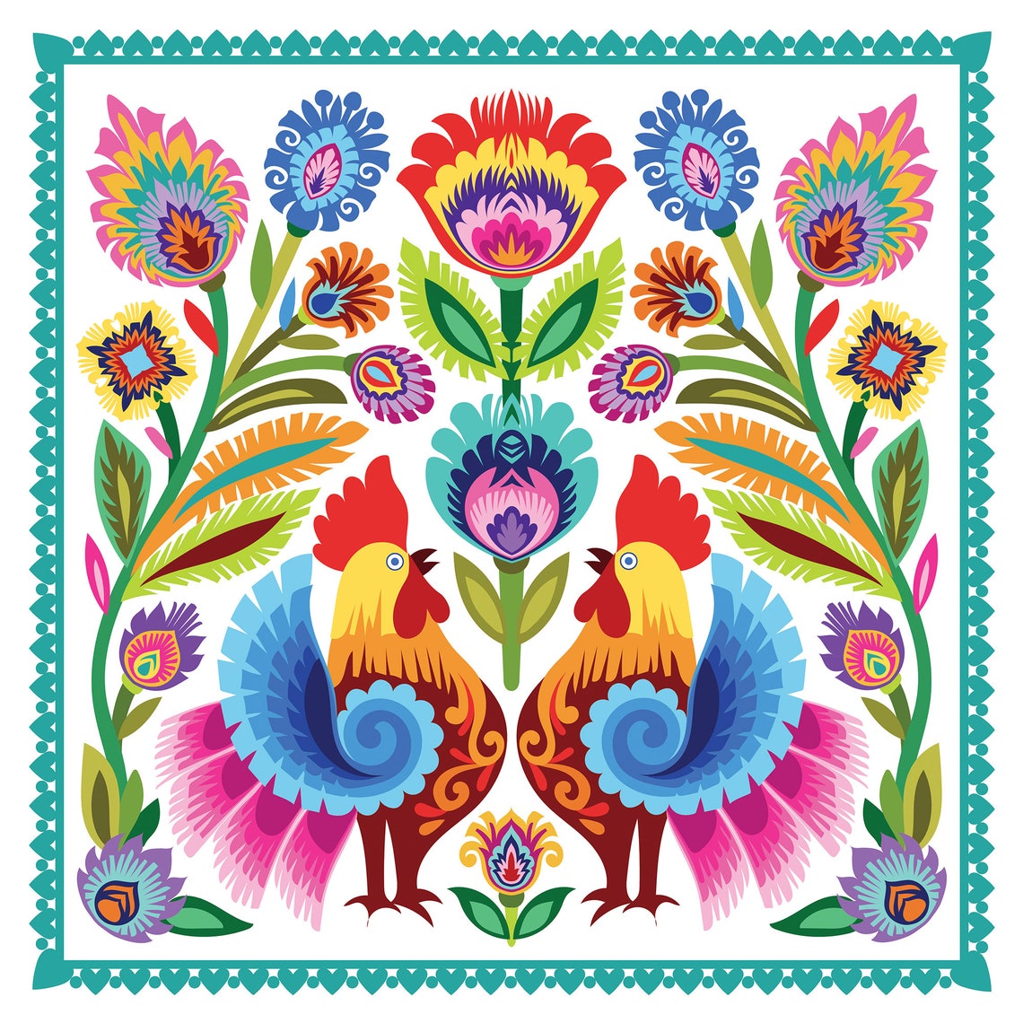 Polish Folk Art Rooster Print. Colorful Wycinanki Style Floral Art ...