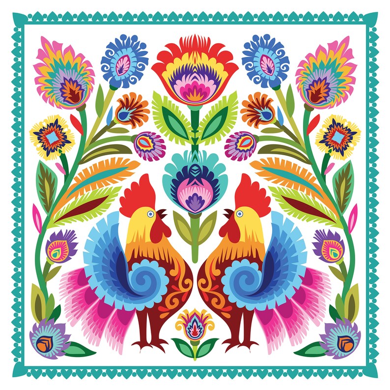 Polish Folk Art Rooster Print. Colorful Wycinanki Style Floral Art ...
